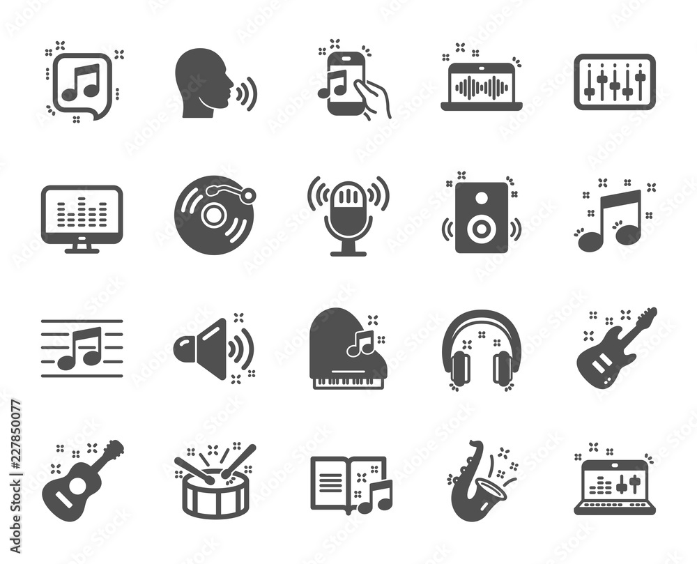 Music icons. Set of Acoustic guitar, Musical note and Vinyl record ...