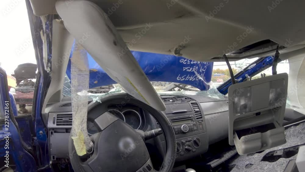 View from inside a car victim of a road accident where it got destroyed ...
