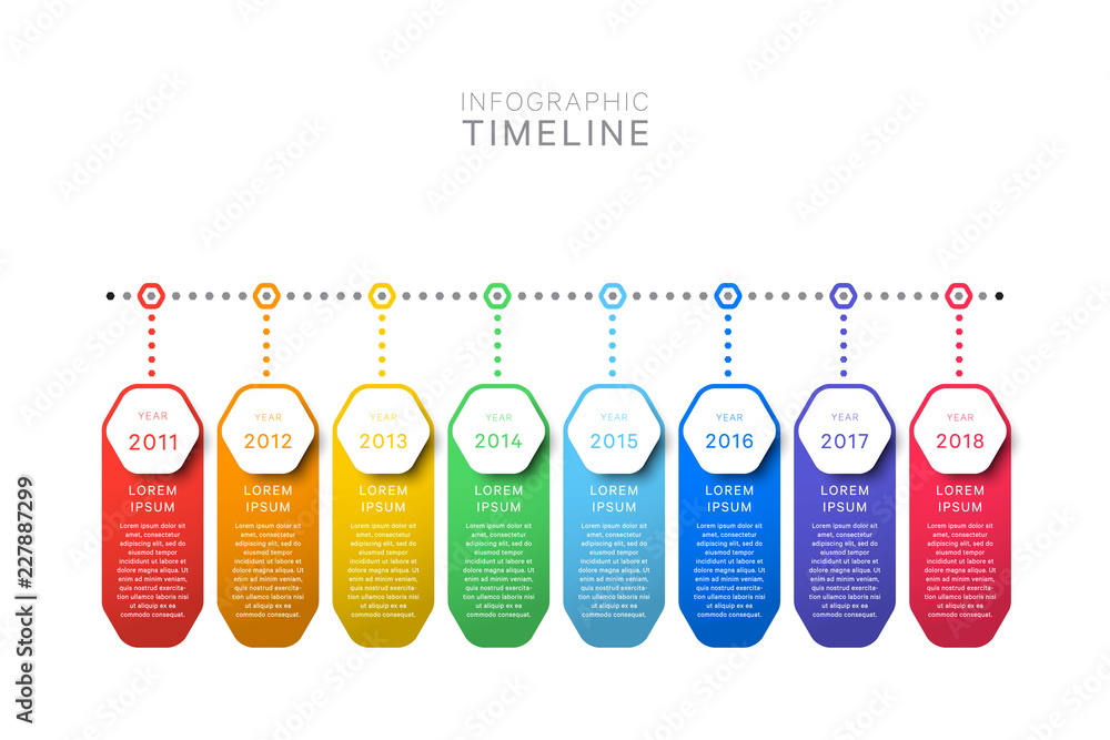 horizontal timeline with eight hexagonal elements, year indication and ...