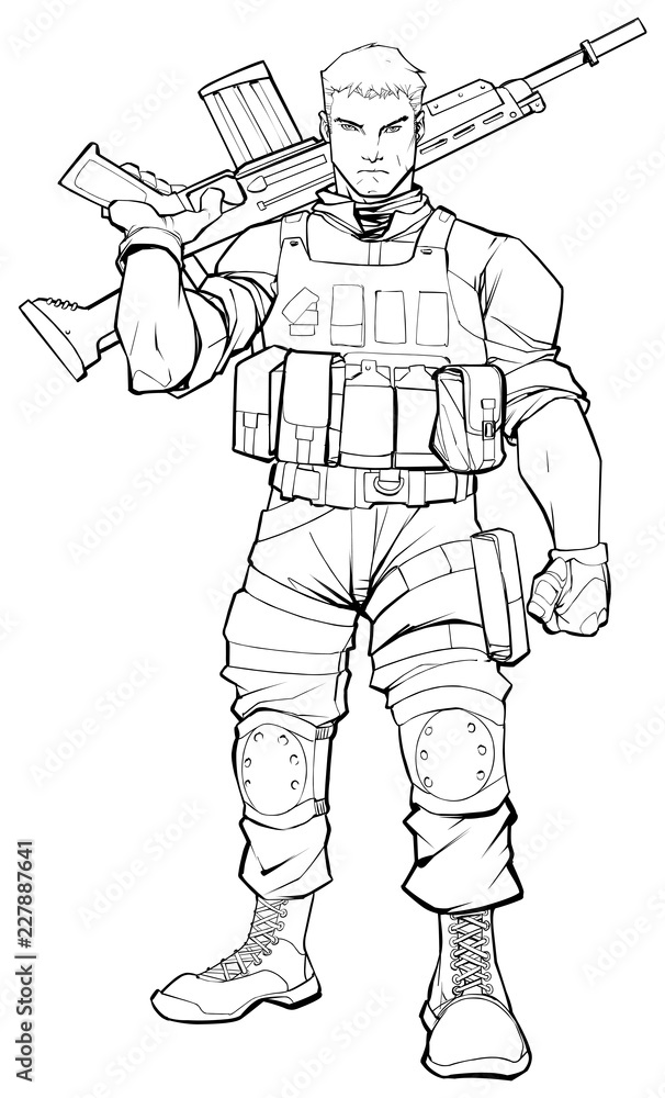Line art illustration of soldier on patrol, holding machine gun. Stock ...