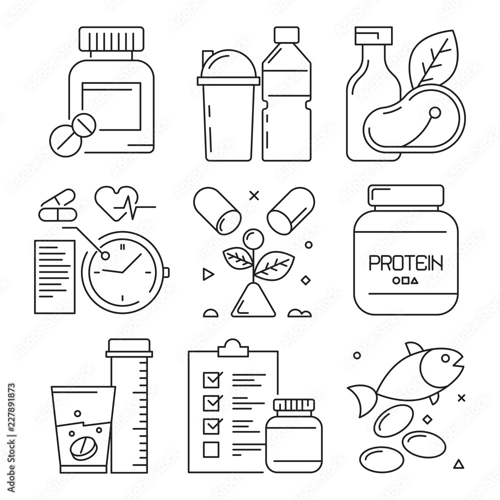 Fitness dietary icons. Sport activities food supplement health vitamins ...