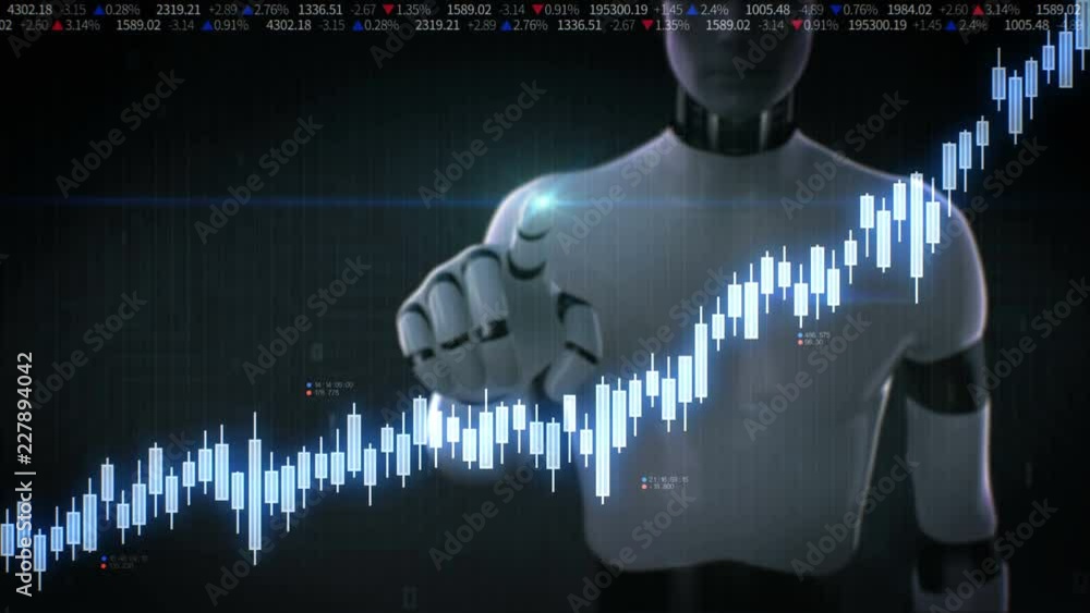 Robot cyborg touched screen, various animated Stock Market charts and ...