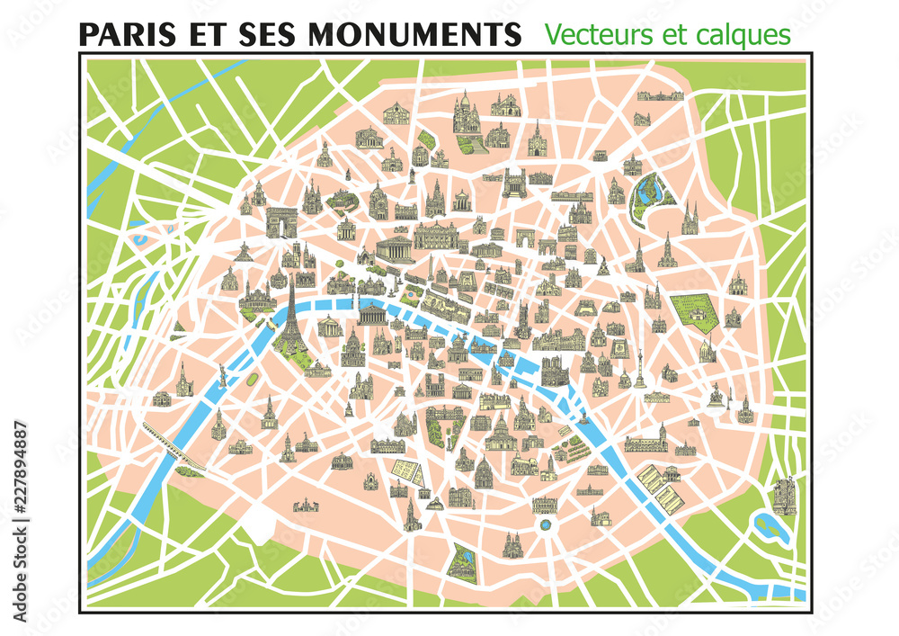 Vecteur Stock CARTE PARIS ET SES MONUMENTS - Calques-Vecteurs | Adobe Stock
