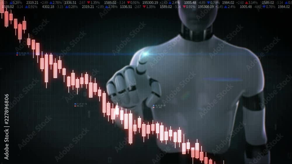 Robot cyborg touched screen, various animated Stock Market charts and ...