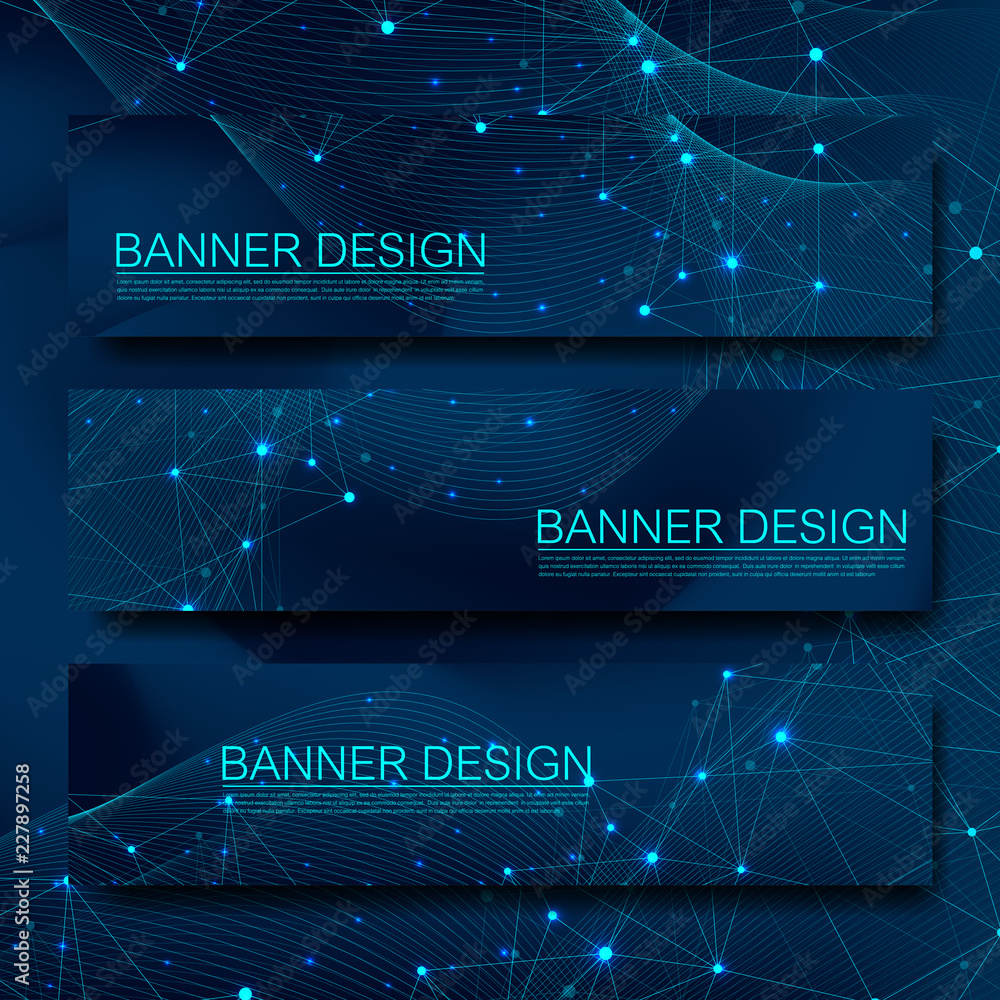 Abstract molecules banners set with lines, dots, circles, polygons ...