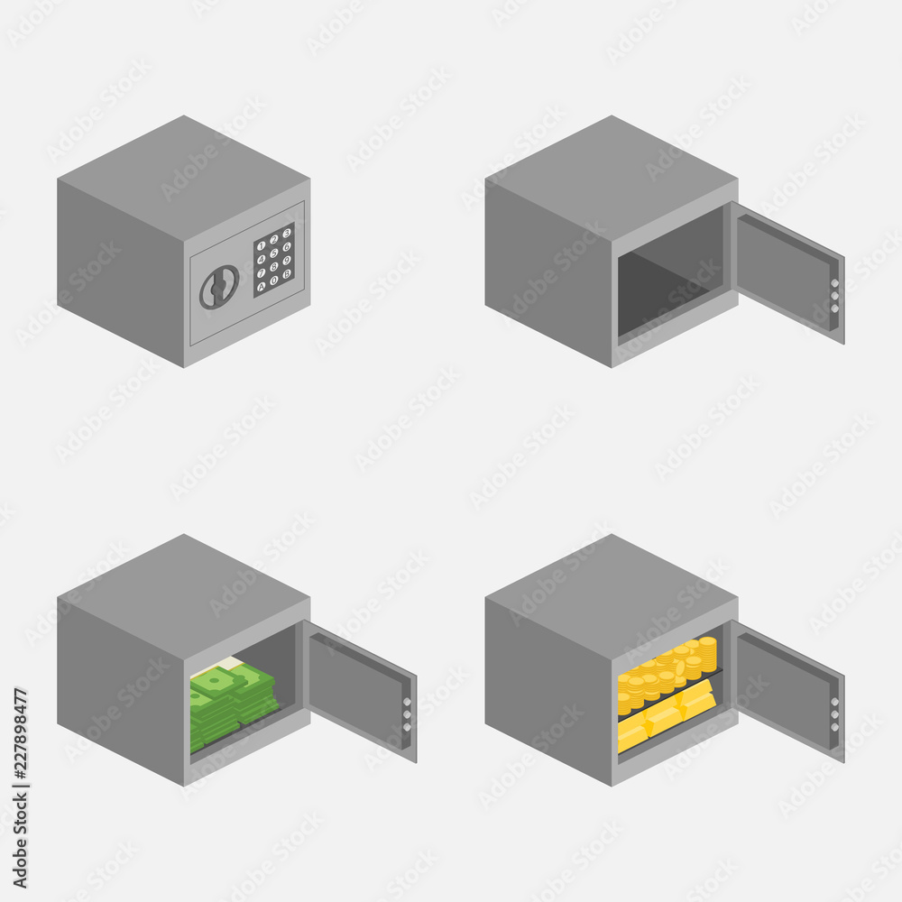 Isometric safe. Set of isometric safe boxes. Safe boxe filled with gold ...