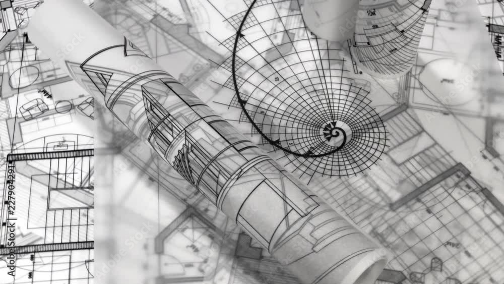 Blueprints - rolls of architectural drawings and drawing of the golden ...