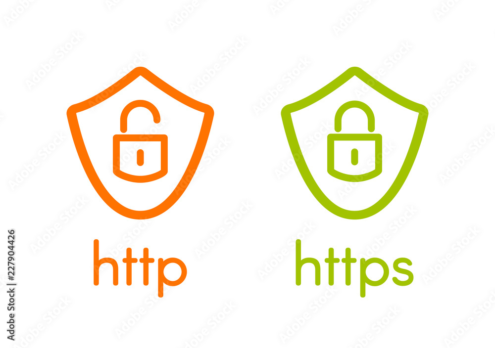 Http and https on shields linear vector illustration on white ...