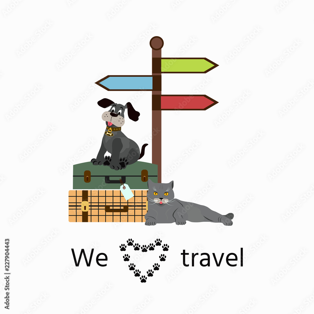 Cute dog and cat with arrows in stand location travel and text "We love ...