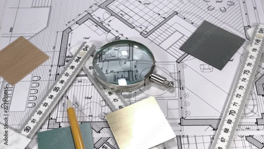Blueprints: architectural drawings, yardstick - folding ruler & samples ...