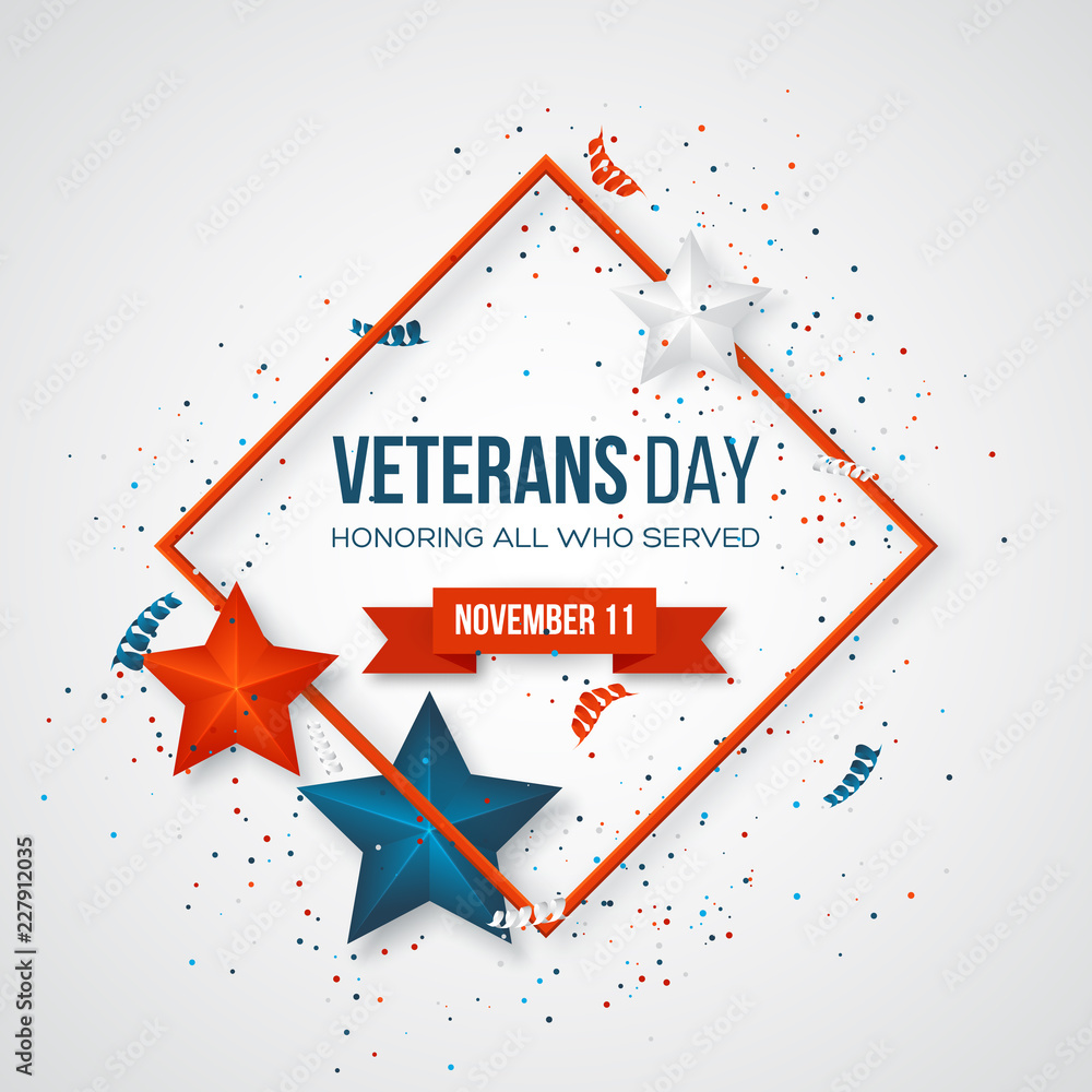 Veterans Day greeting card. 3d stars in national colors with serpentine ...