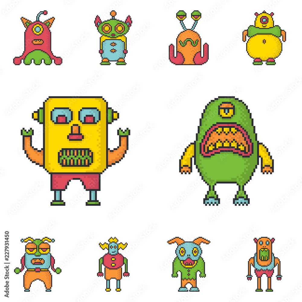 Funny monsters pixel art style vector icons set. Stock Vector | Adobe Stock