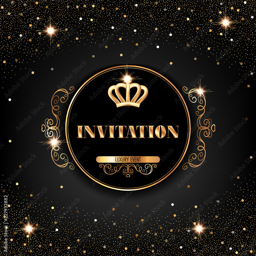 VIP invitation template with golden crown and sparkling confetti on ...
