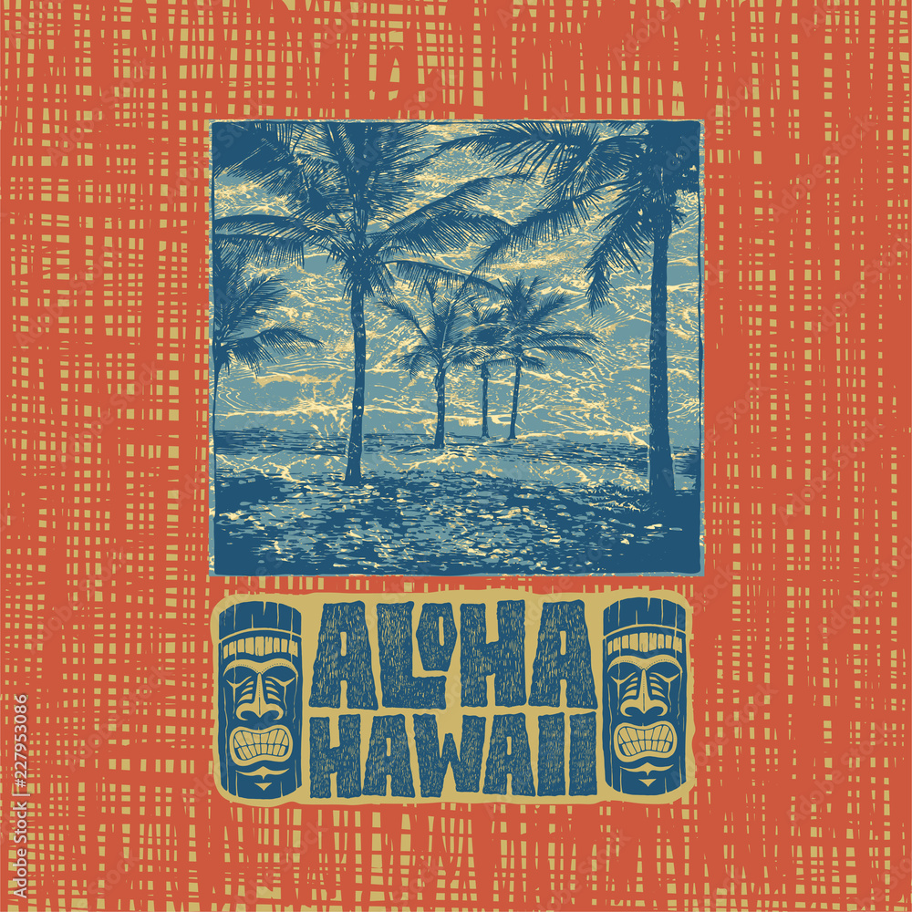 Aloha Hawaii. Hand lettering with tiki mask and tropical landscape with ...