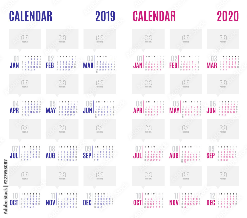 Vector Calendar blue 2019 and pink 2020 new year modern simple design ...