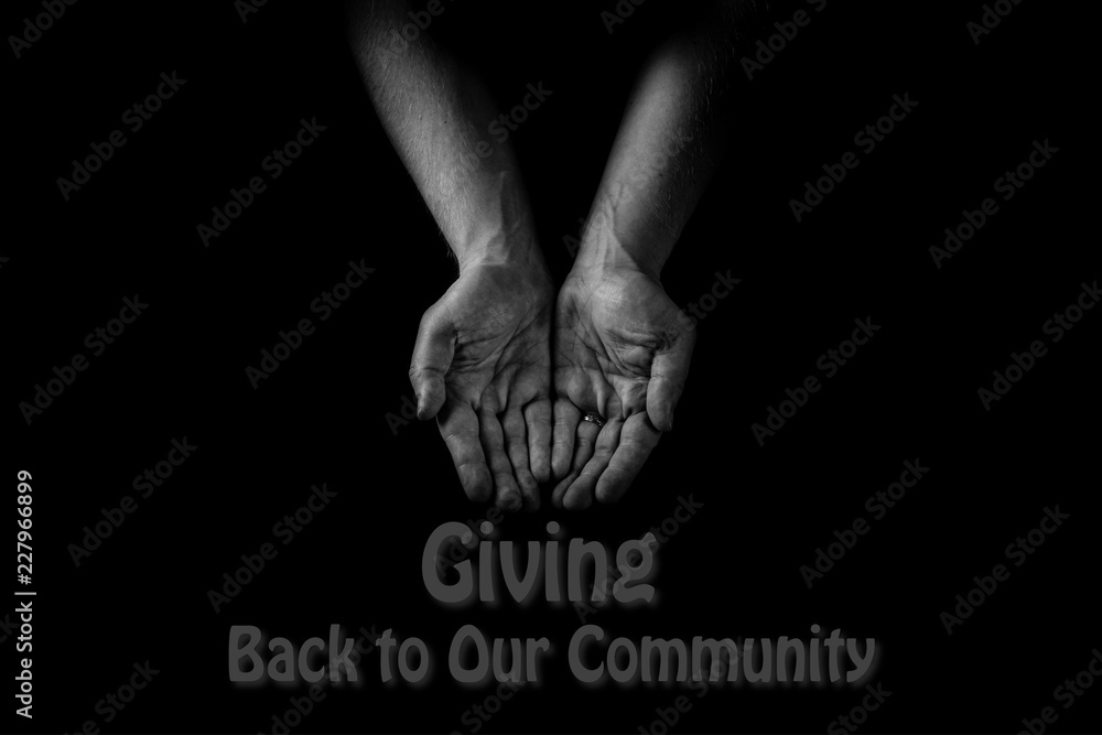 Helping hand concept, Man's hands palms up, giving care and support ...