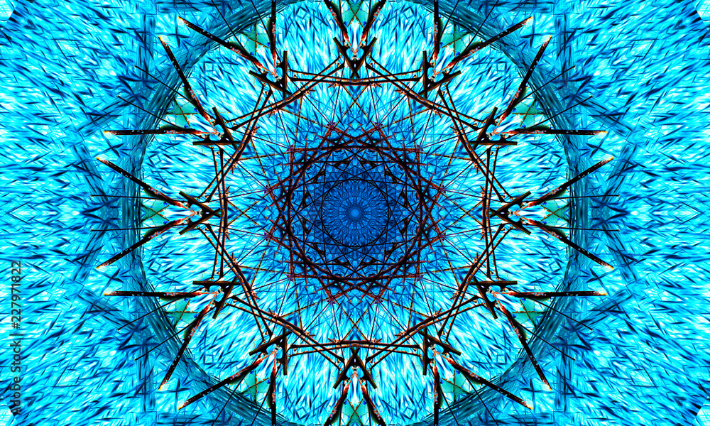 Bright shades of blue of a very detailed mandala Art with a star-shaped ...