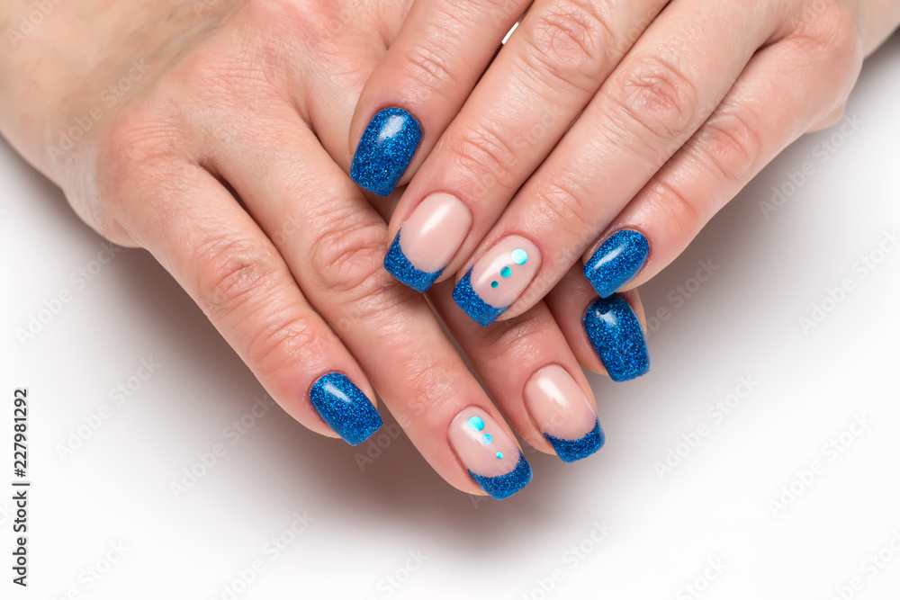 blue french manicure with blue sparkles on long square nails with shiny ...