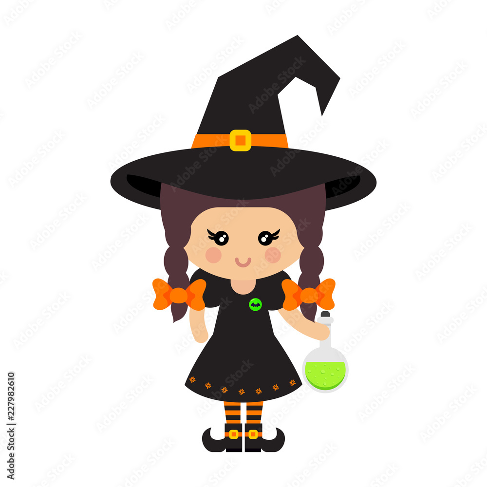 cartoon cute witch vector with braids in hat and magic potion Stock ...