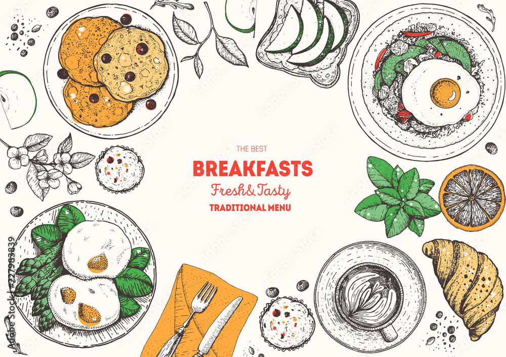 Breakfasts top view frame. Morning food menu design. Breakfast and ...