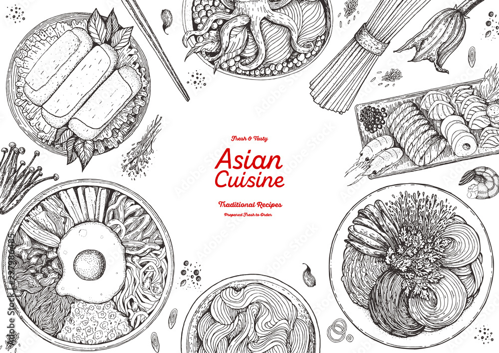 Asian cuisine sketch collection. Hand drawn vector illustration. Food ...