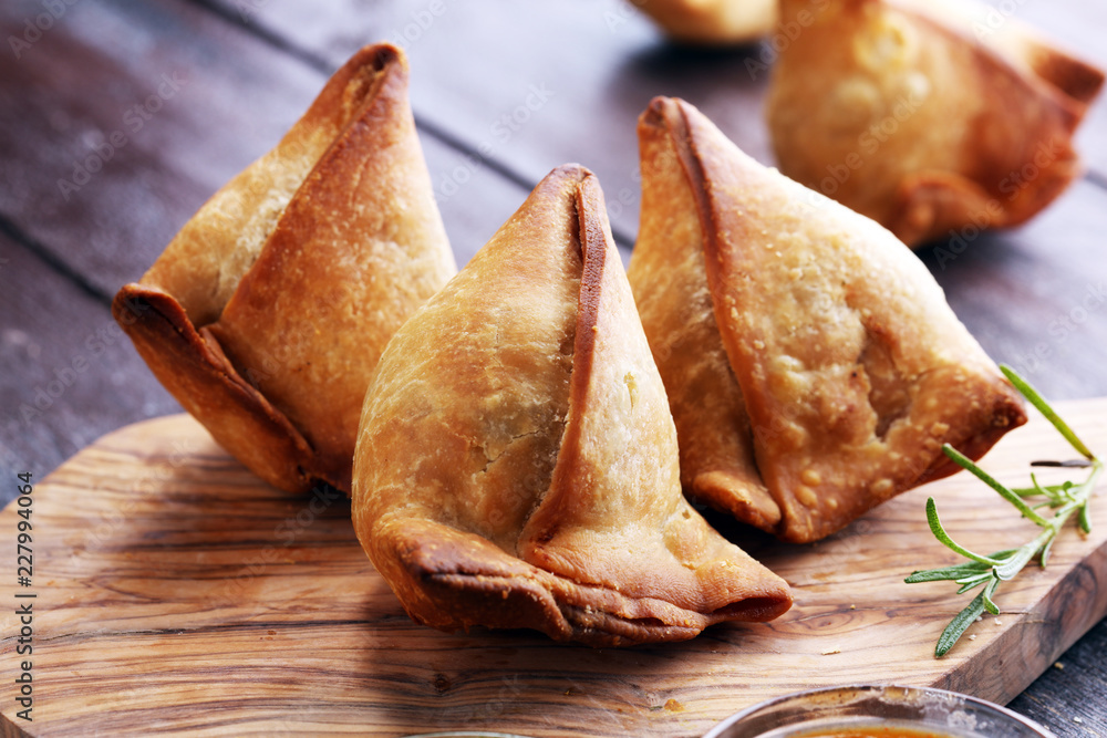 Vegetarian samsa or samosas.Indian special traditional street food ...