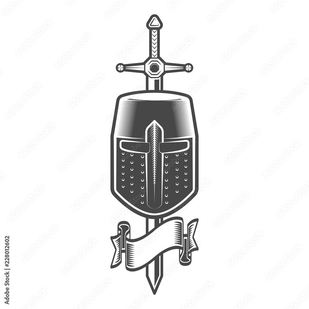 Sword and helmet of a medieval crusader knight with ribbon in ...
