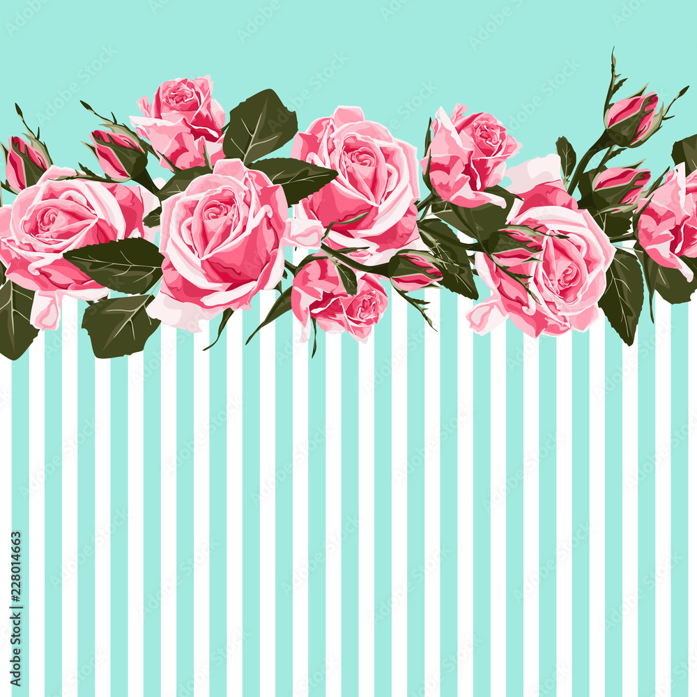 Horizontal striped pattern with pink rose, peony, leaves and bud. Cute ...
