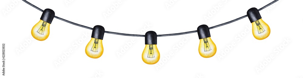 Golden festive string lights watercolour illustration. Bright and merry ...