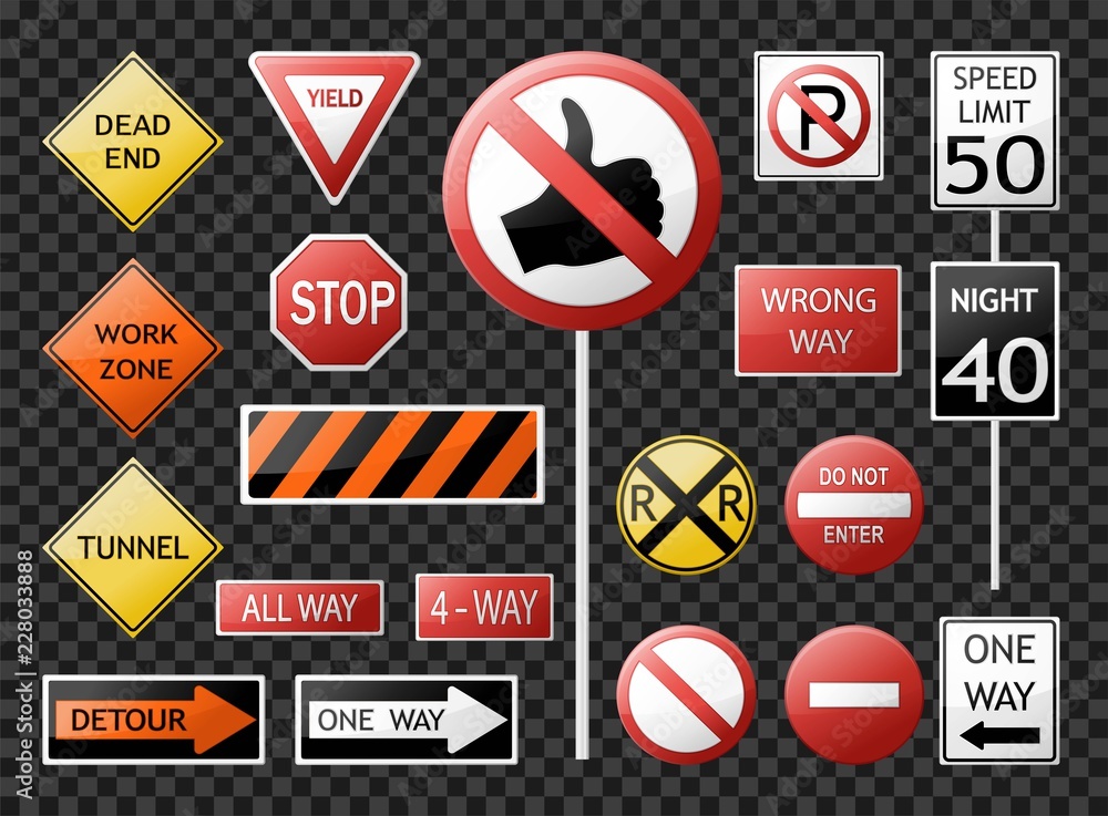 Set of road signs and symbols. Isolated on transparent background ...