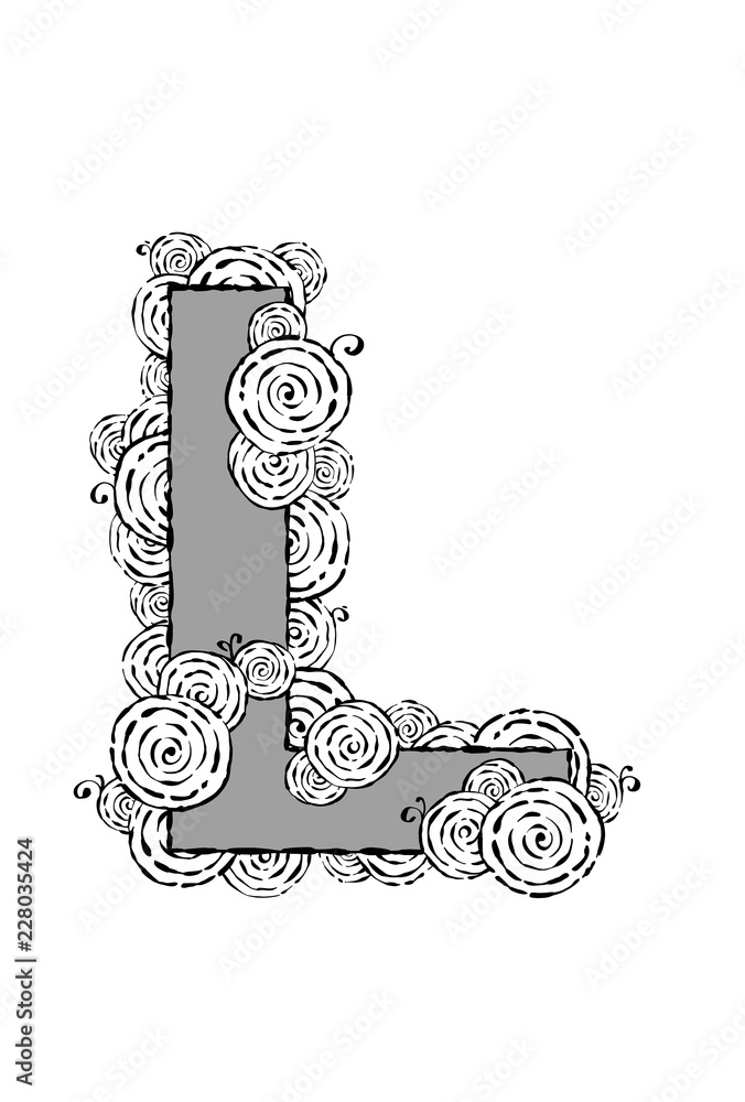 Black and white illustration of the letter "L" with swirl patterns ...