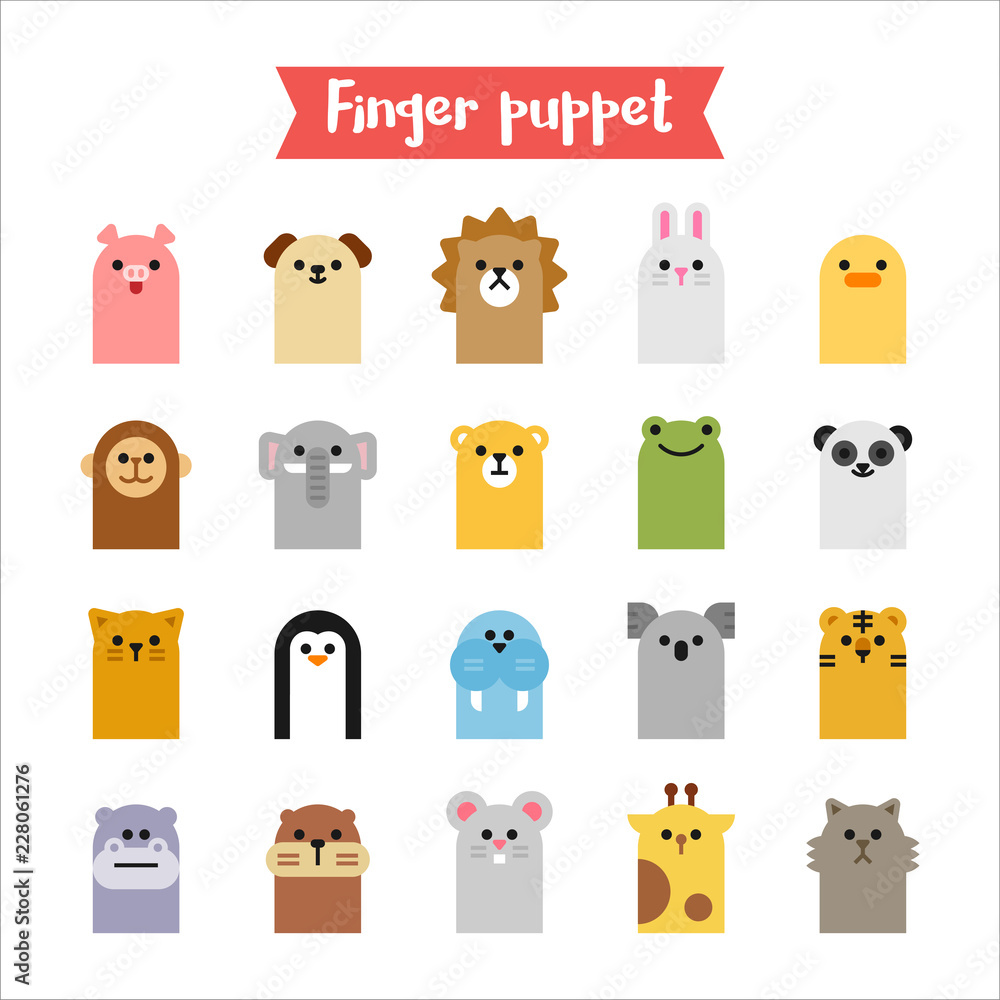 cute finger puppet animal face icon 20 set. flat design style vector ...
