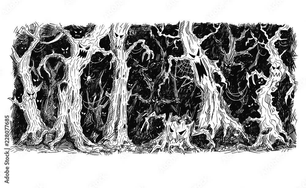 Vector black and white hand drawing of scary magic fantasy horror ...