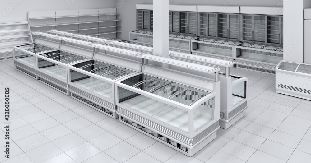 Interior empty supermarket with showcases and freezer bonnet. 3d ...