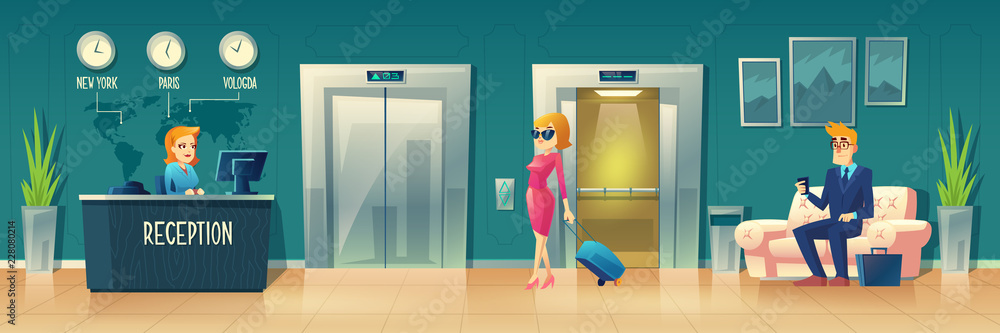 Vector cartoon background of hotel reception. Manager, receptionist ...