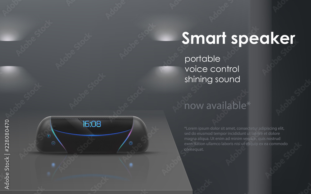 Vector realistic mockup with black portable smart speaker on gray ...