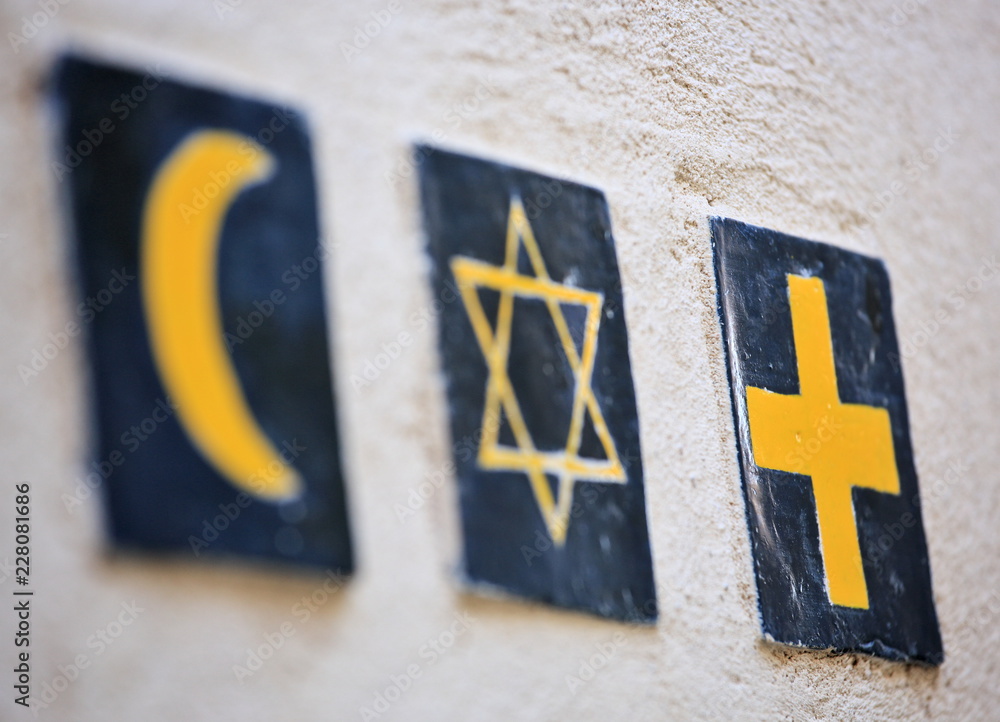 Set of 3 religious symbols: islamic crescent, jewish David's star ...