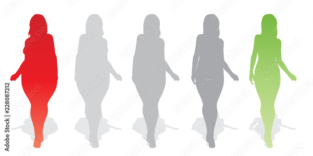 Conceptual fat overweight obese female vs slim fit healthy body after ...