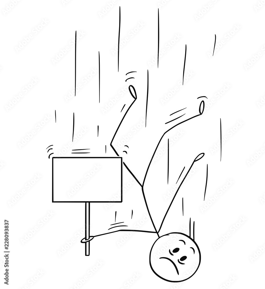 Cartoon stick drawing conceptual illustration of man falling down and ...