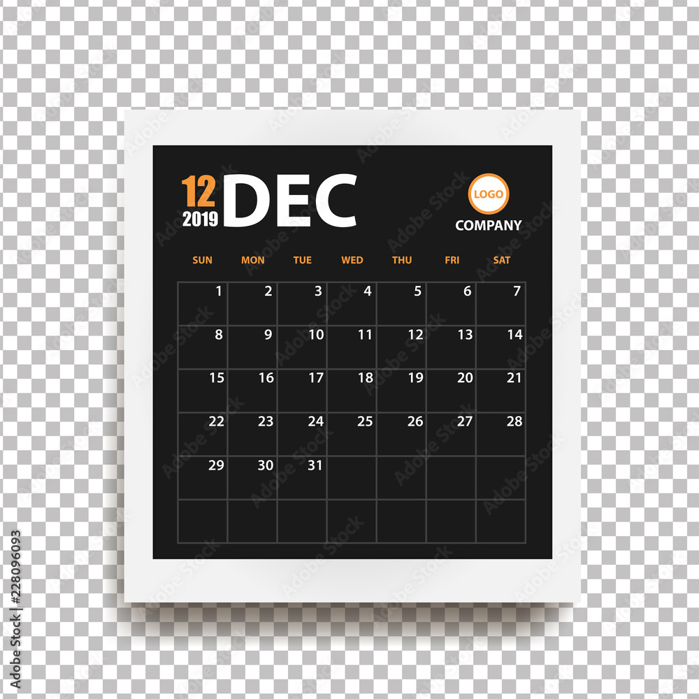 December 2019 calendar in realistic photo frame with shadow isolated on ...