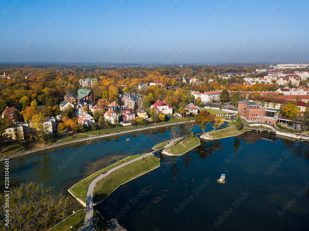 Aerial: The pond Float in Kaliningrad in autumn Stock 写真 | Adobe Stock