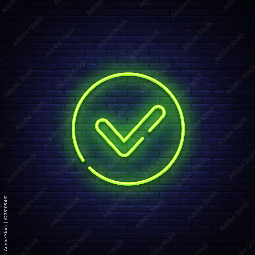 Green check mark Neon Sign Vector. Check list button neon signboard ...