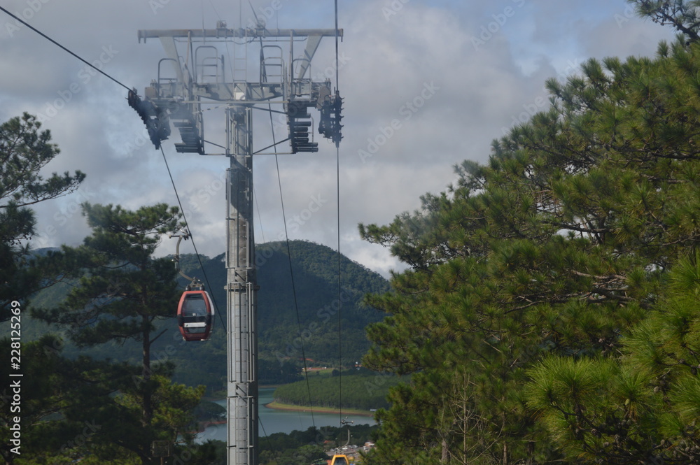 Cable-way through the forest with blue sky in the background. Green ...