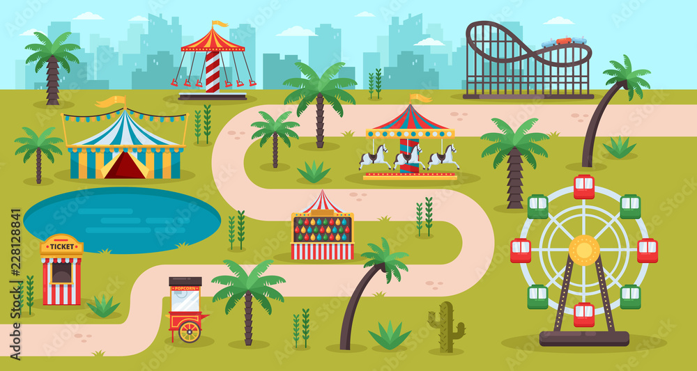 Amusement park map concept. Fun carousels, circus, ferris wheel, fair ...