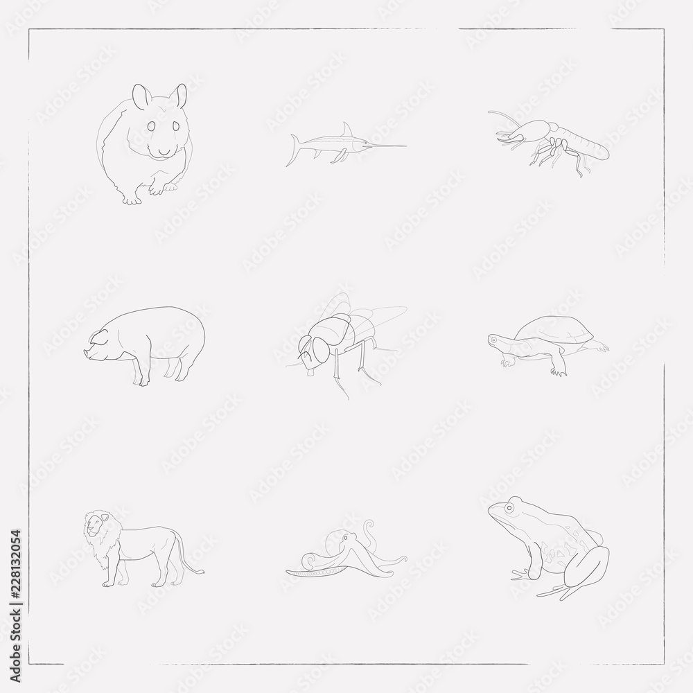Set of alive icons line style symbols with pig, fly, frog and other ...