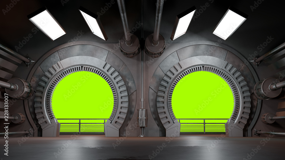 Spaceship futuristic interior with window view.3D rendering Stock ...