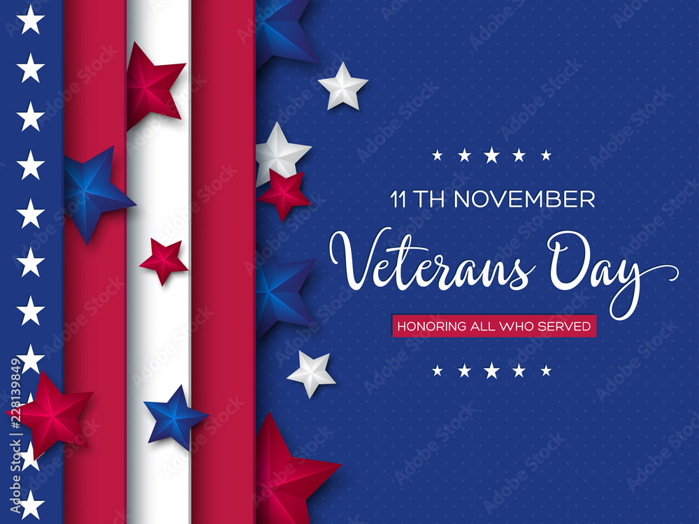 Veterans Day greeting card. 3d stars colors of american flag with ...