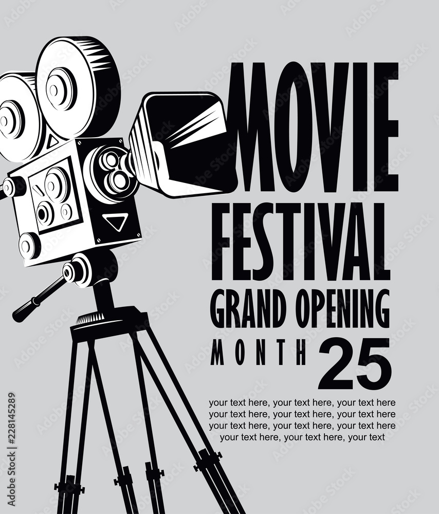Vector movie festival poster with retro movie camera. Cinema banner ...