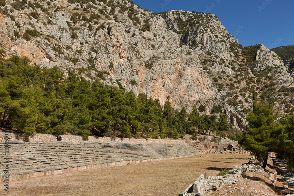 Delphi, Phocis - Greece. Panoramic view of the Stadium of Delphi. It ...
