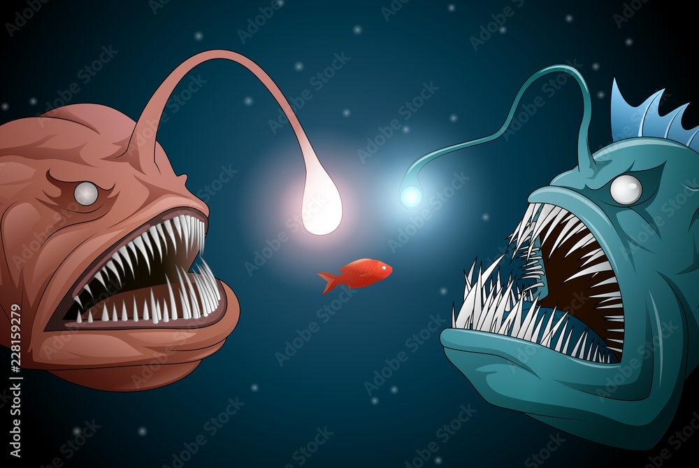 Anglerfish mouth on dark background. Luminous bait and anglerfish teeth ...